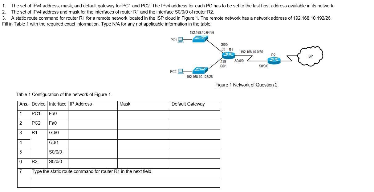 Solved 1. The set of IPv4 address, mask, and default gateway | Chegg.com