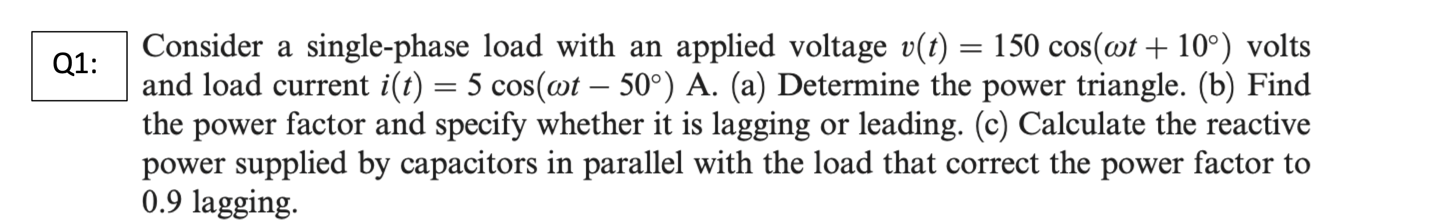 Consider a single-phase load with an applied voltage | Chegg.com