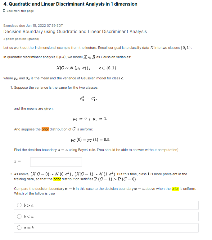 Solved 4. Quadratic and Linear Discriminant Analysis in 1 | Chegg.com