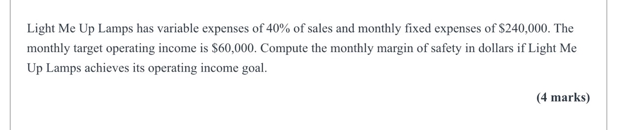 Solved Light Me Up Lamps has variable expenses of 40% of | Chegg.com