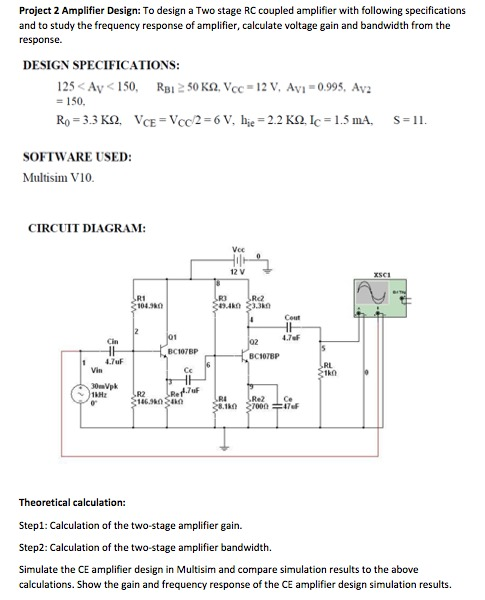 Project 2 Amplifier Design: To design a Two stage RC | Chegg.com
