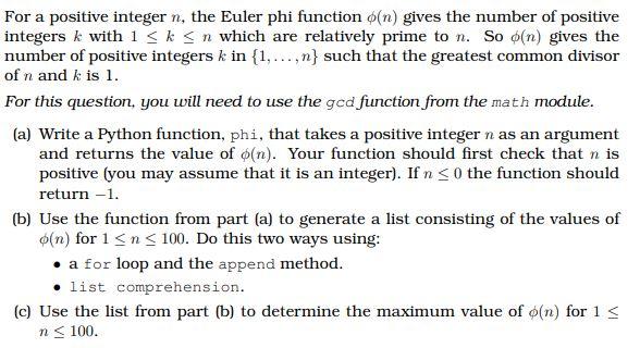 Solved For a positive integer n, the Euler phi function o(n) | Chegg.com