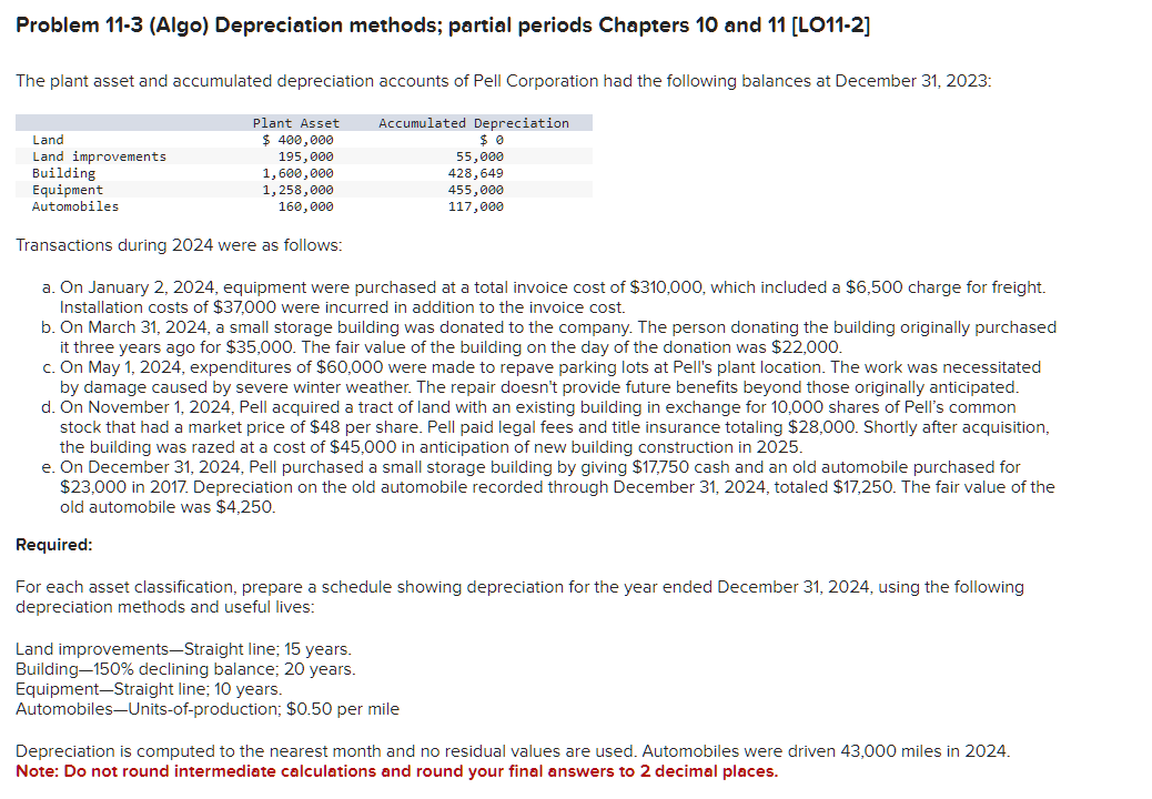 Solved Problem 11-3 (Algo) Depreciation methods; partial | Chegg.com
