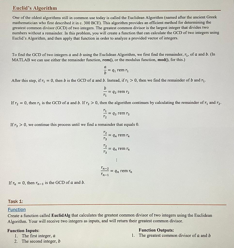Solved I did task one for Euclid’s Algorithm already but I’m | Chegg.com