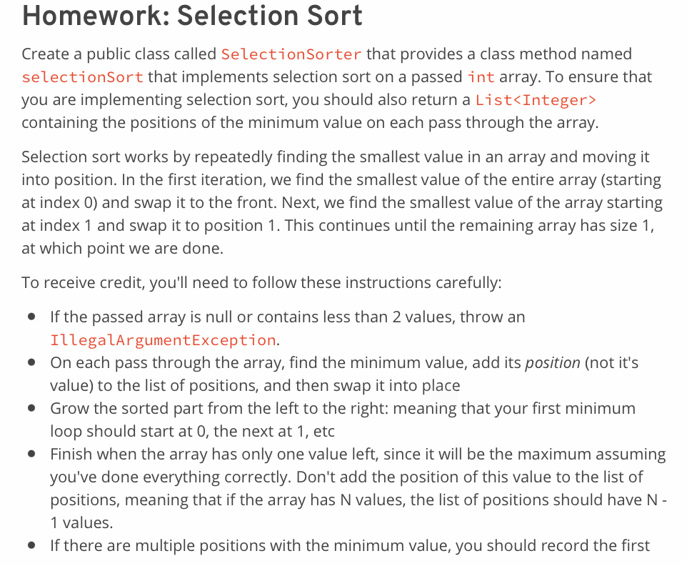Solved Homework: Selection Sort Create a public class called | Chegg.com
