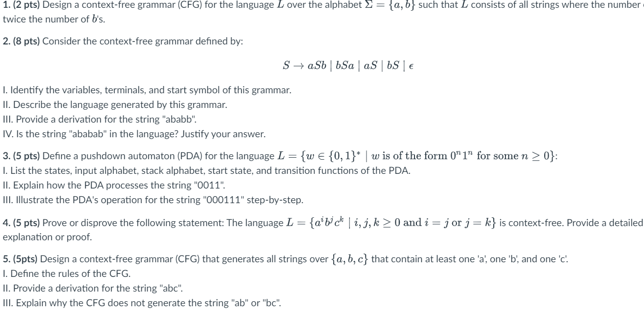 Solved (2 ﻿pts) ﻿Design a context-free grammar (CFG) ﻿for | Chegg.com