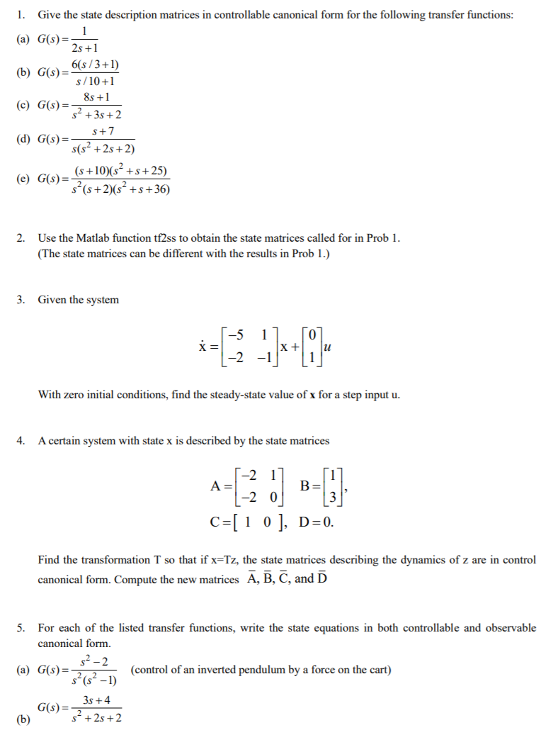 Solved 1. Give the state description matrices in | Chegg.com