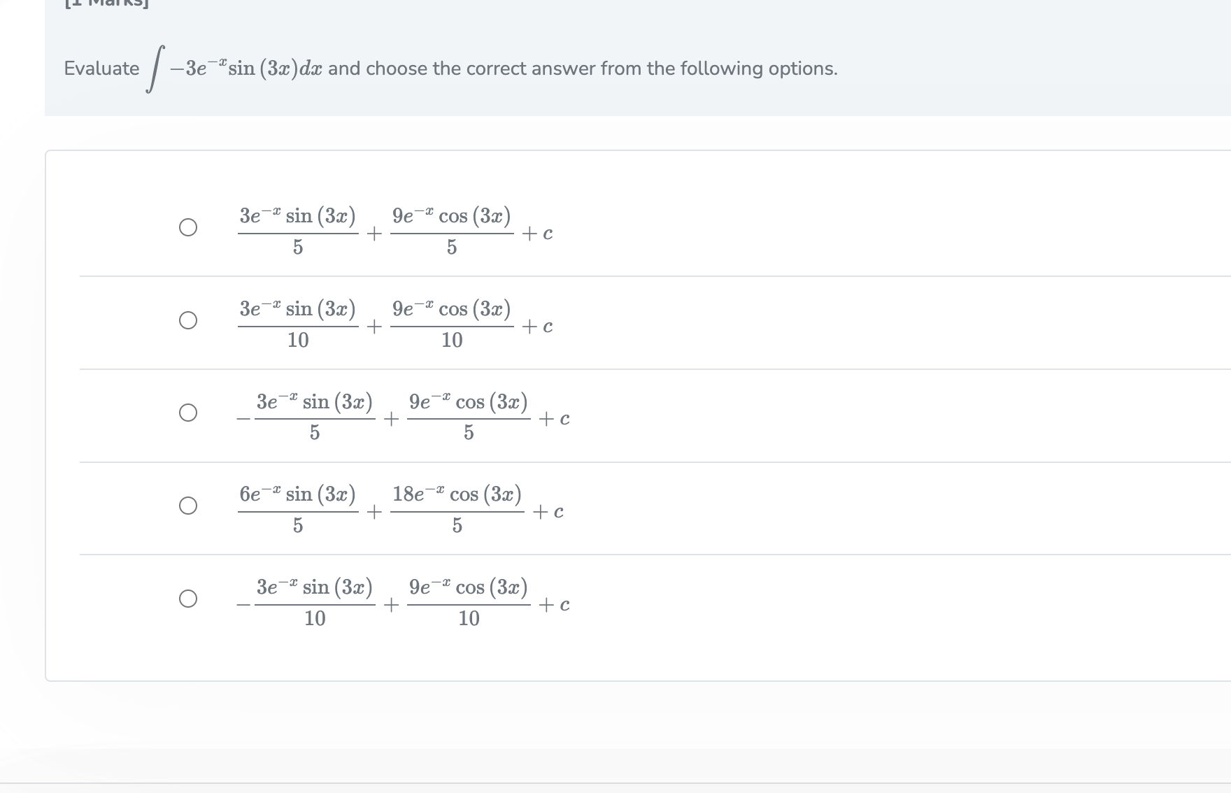 Solved Evaluate ∫﻿﻿-3e-xsin(3x)dx ﻿and choose the correct | Chegg.com