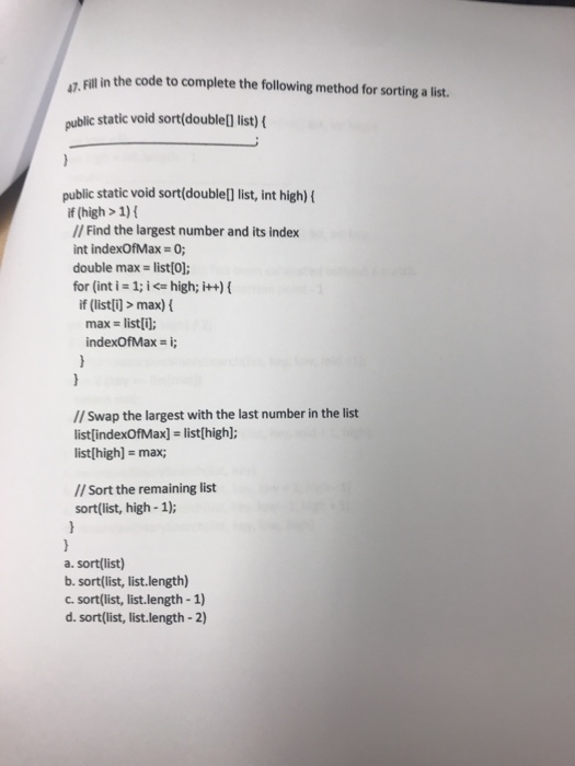Solved Fill in the code to complete the following method for | Chegg.com