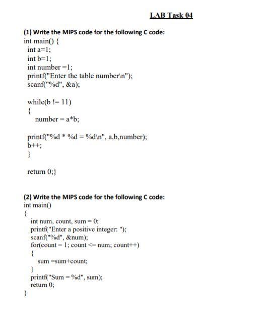 Solved Lab Task 04 1 Write The Mips Code For The Following