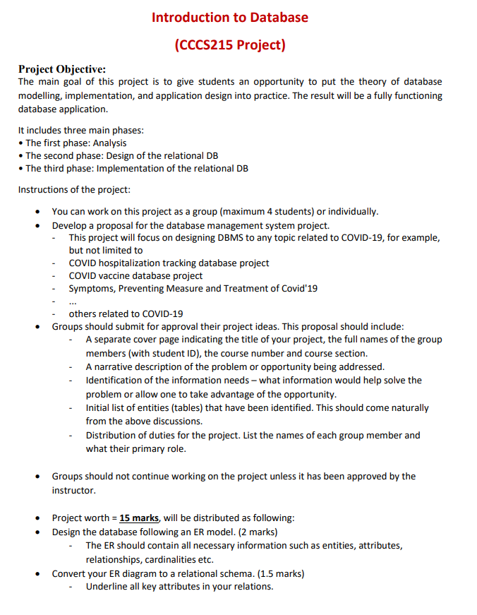 Introduction to Database (CCCS215 Project) Project | Chegg.com