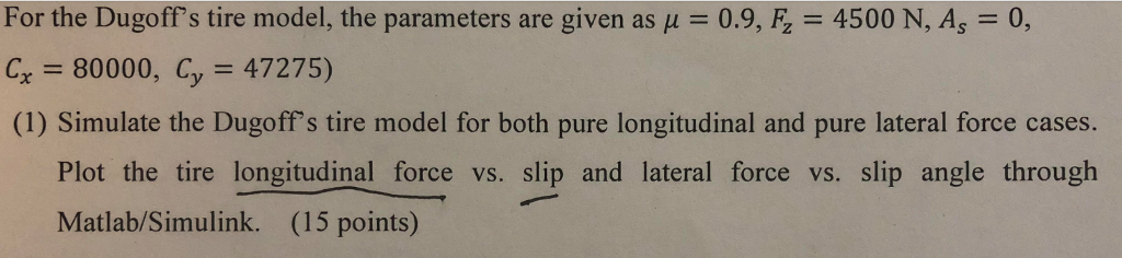 Solved For the Dugoff's tire model, the parameters are given | Chegg.com