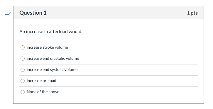 Solved Question 1 1 pts An increase in afterload would: O | Chegg.com
