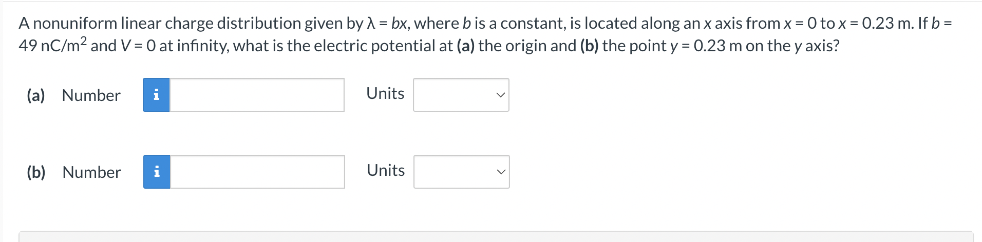 Solved A nonuniform linear charge distribution given byλ=bx, | Chegg.com