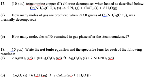 Solved 17. (10 pts.) tetraammine copper (II) chlorate | Chegg.com