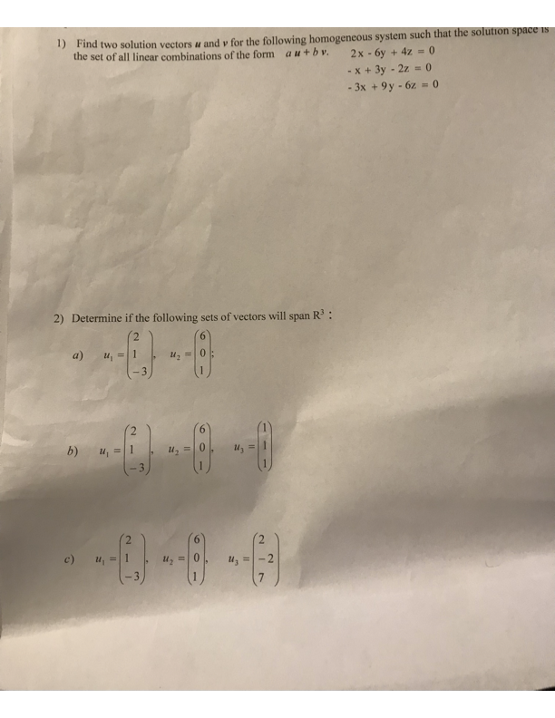 Solved 1) Find two solution vectors u and v for the | Chegg.com
