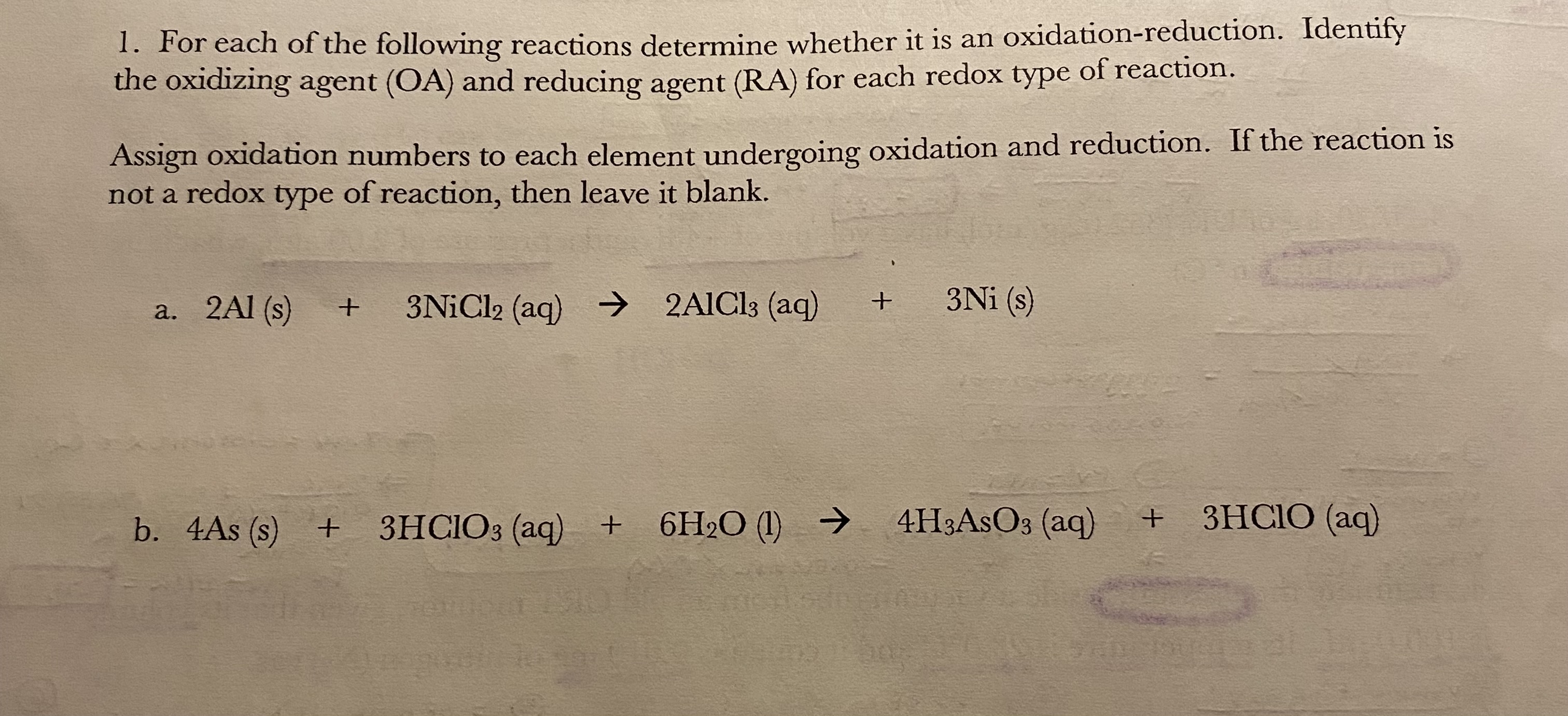 1. ﻿For each of the following reactions determine | Chegg.com