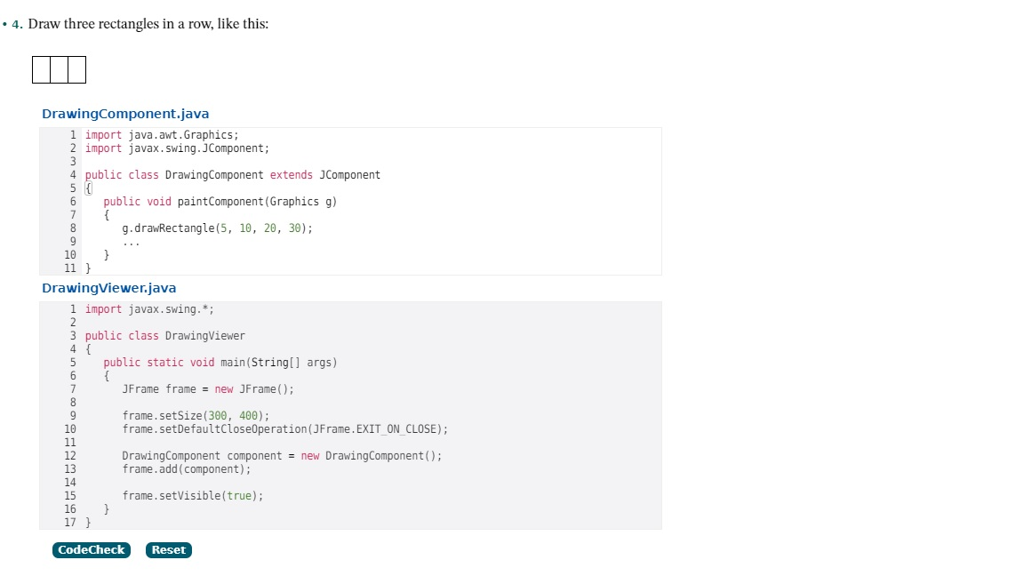 Solved • 4. Draw three rectangles in a row, like this: | Chegg.com