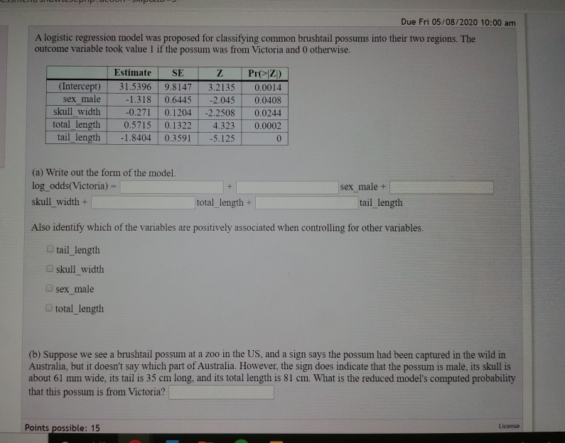 Solved Due Fri 05/08/2020 10:00 am A logistic regression | Chegg.com