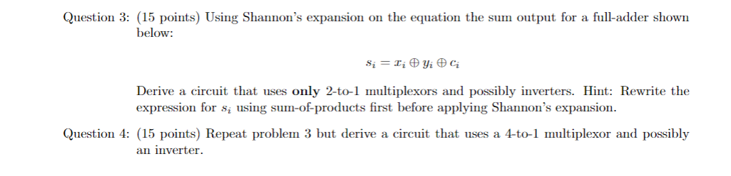 Solved Using Shannon's expansion on the equation the sum | Chegg.com