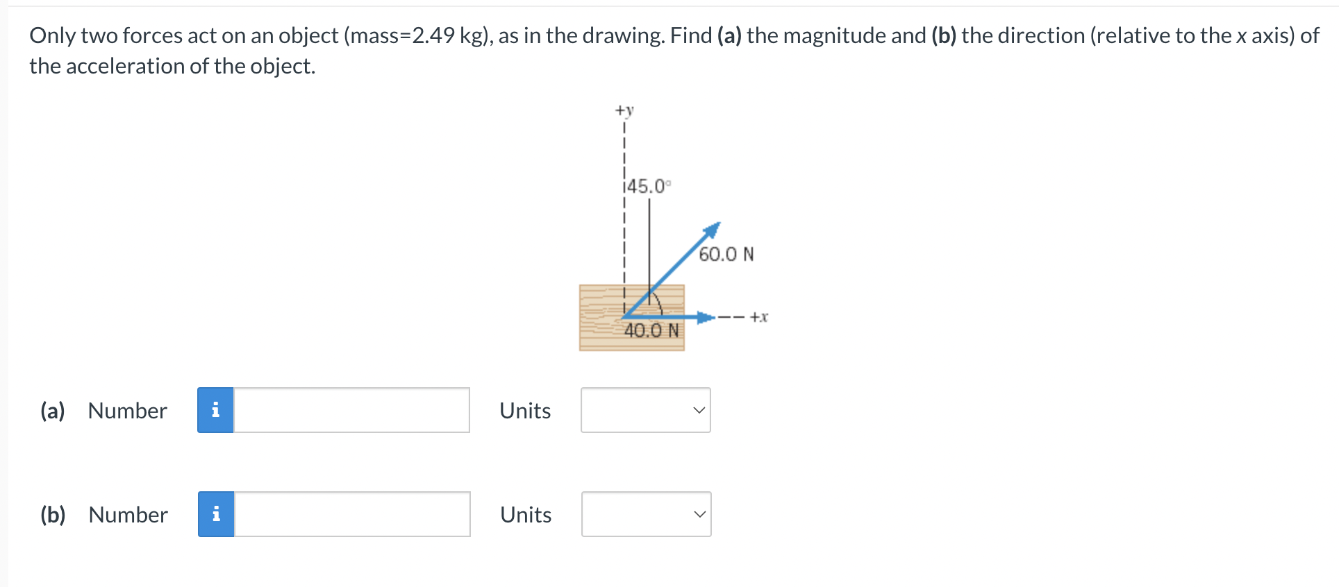 Solved Only two forces act on an object (mass =2.49 kg ), as | Chegg.com