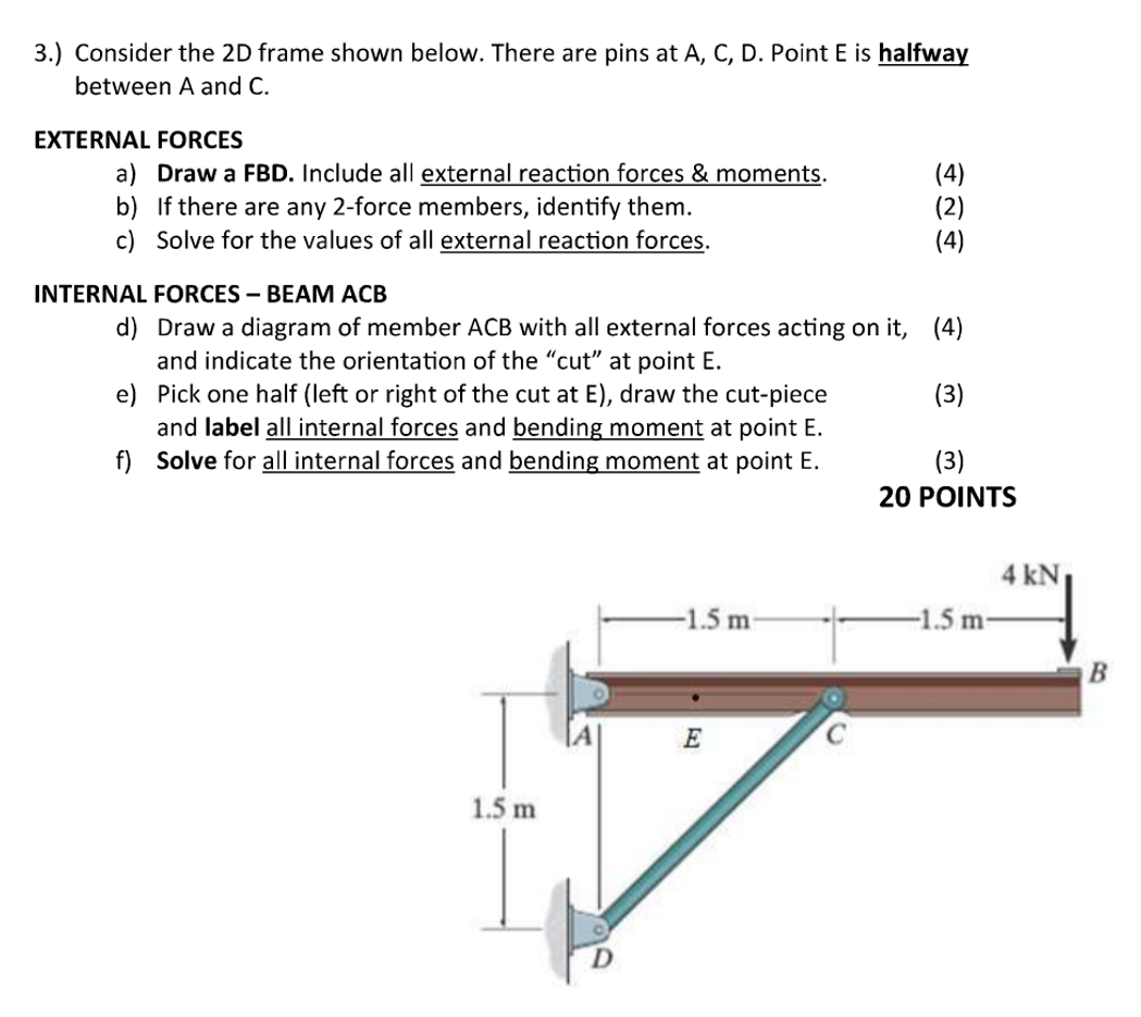 Solved 3.) Consider the 2D frame shown below. There are pins | Chegg.com