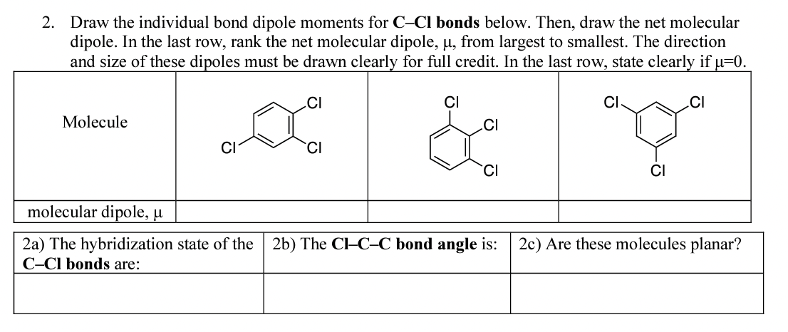 Solved 2. Draw the individual bond dipole moments for C−Cl | Chegg.com ...