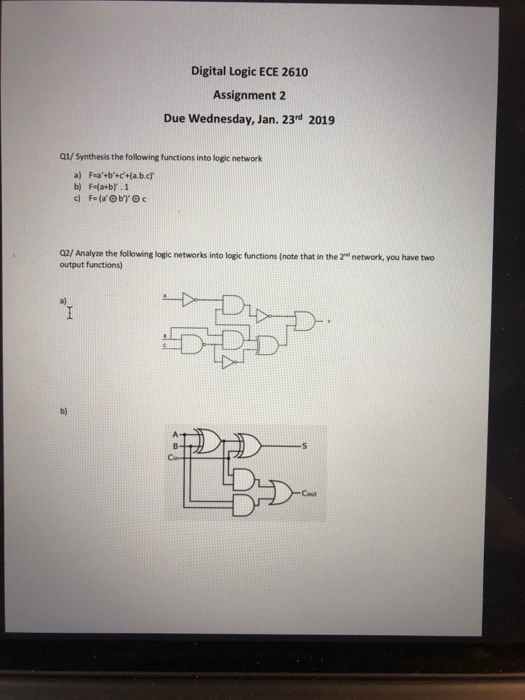 Solved Digital Logic ECE 2610 Assignment 2 Due Wednesday, | Chegg.com