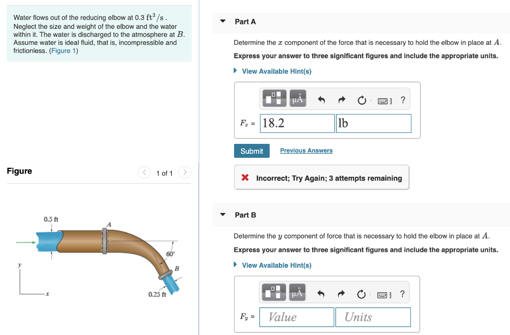 Solved Part A Water flows out of the reducing elbow at 0.3 | Chegg.com