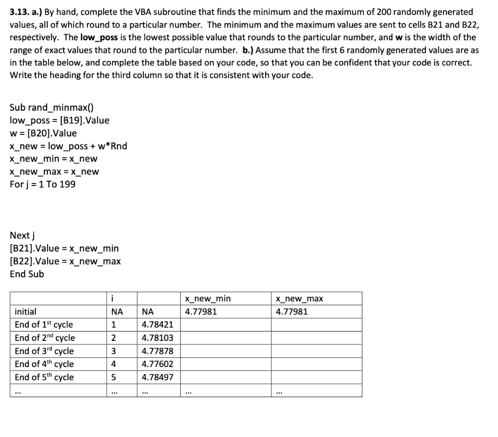3.13. a.) By hand, complete the VBA subroutine that | Chegg.com