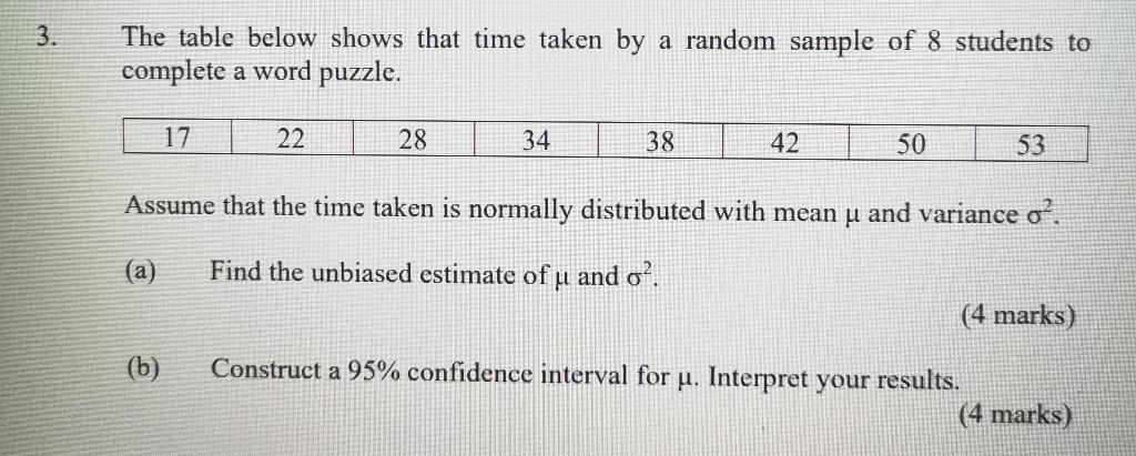 Solved 3. The table below shows that time taken by a random | Chegg.com