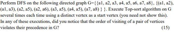 Solved Perform DFS on the following directed graph G={{al, | Chegg.com