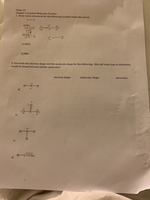 Solved Chem 10 Chapter 6 Covalent Molecules Practice 1. Draw | Chegg.com