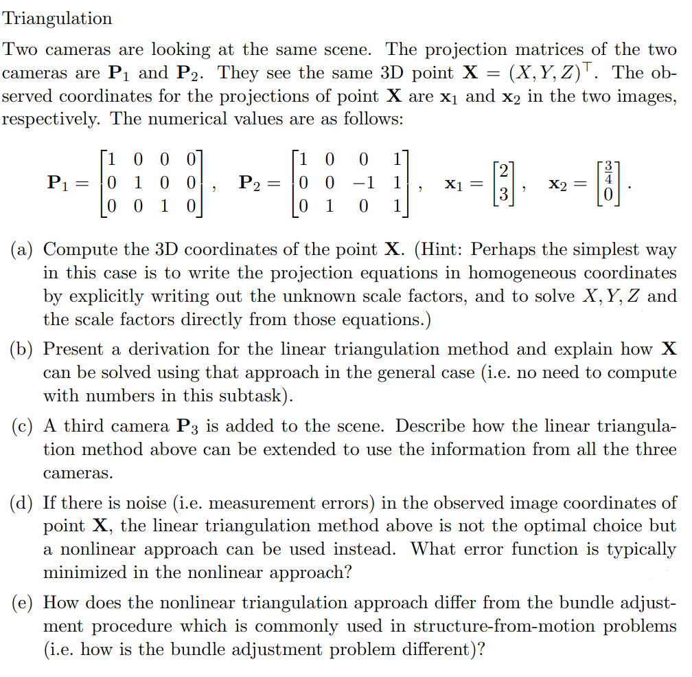 Solved TriangulationTwo cameras are looking at the same | Chegg.com