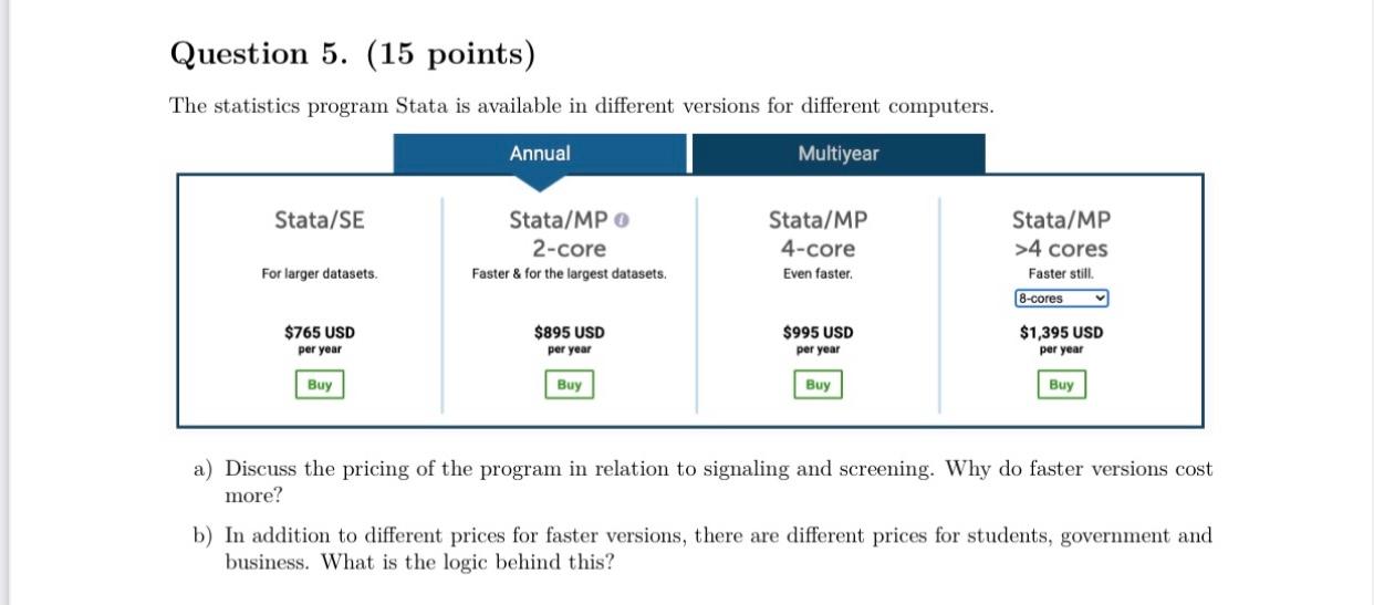 Solved Question 5. (15 points) The statistics program Stata | Chegg.com