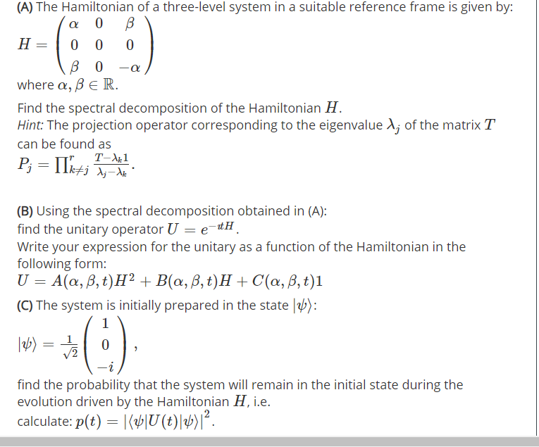(A) The Hamiltonian of a three-level system in a | Chegg.com