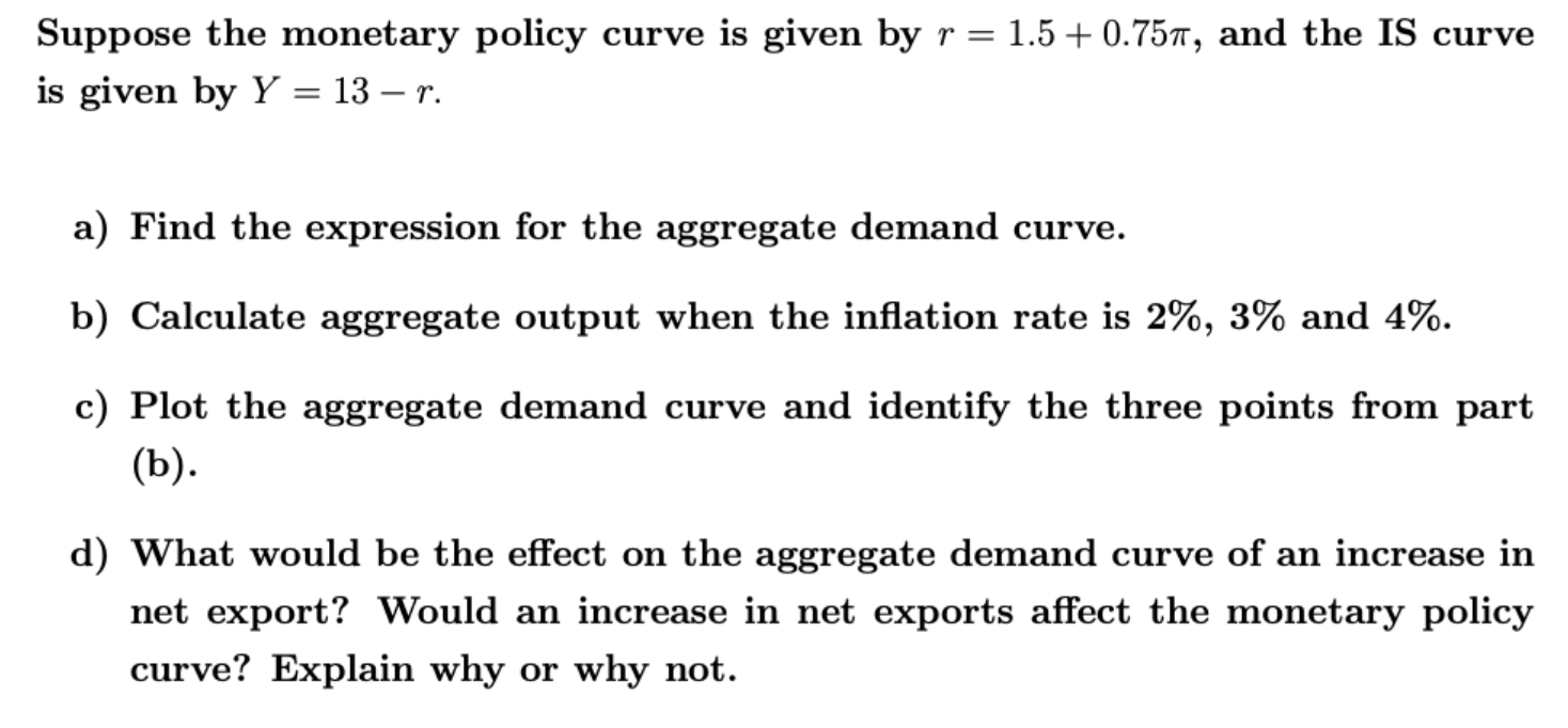 Solved Suppose the monetary policy curve is given by r = 1.5 | Chegg.com