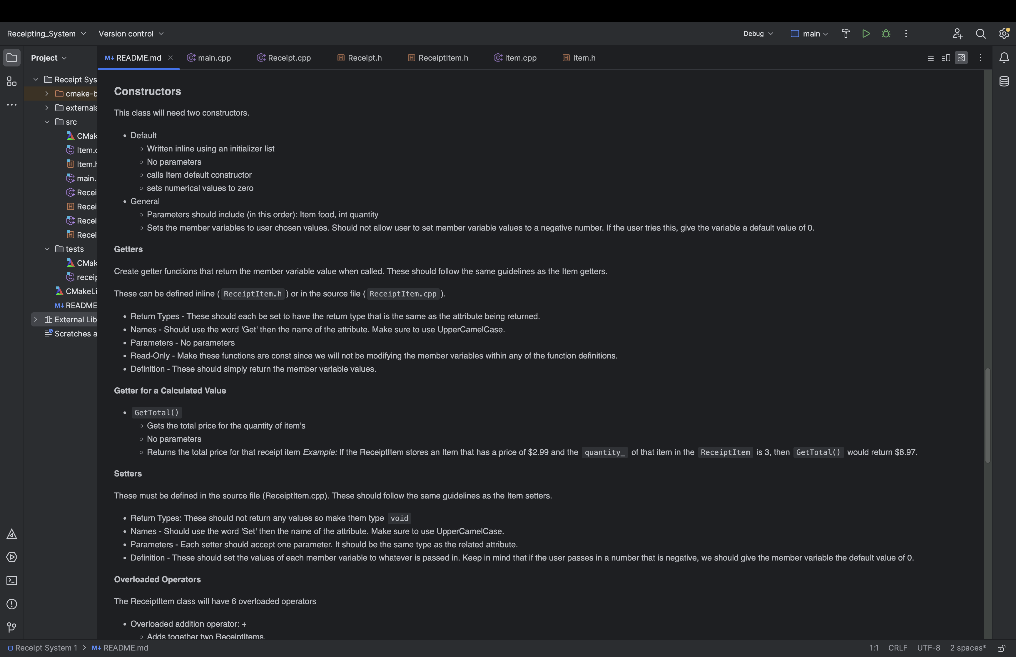 M ↓ README.md C++main.cpp c++Receipt.cpp [H Receipt.h | Chegg.com