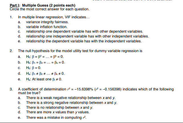 Solved Part l: Multiple Guess (2 points each) Circle the | Chegg.com