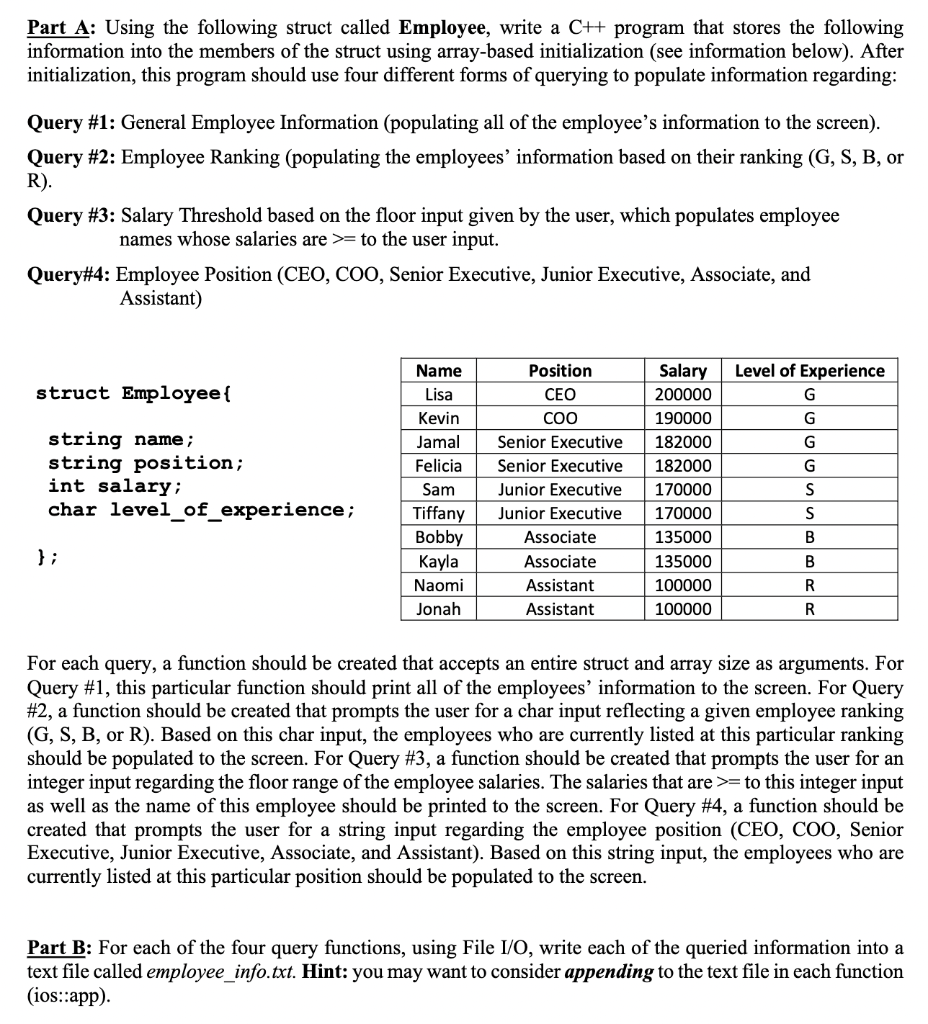 Solved Part A: Using the following struct called Employee, | Chegg.com
