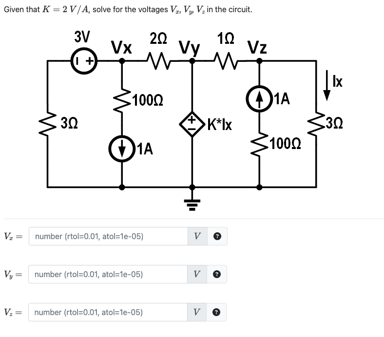 Solved Given that K=2V/A, solve for the voltages Vx,Vy,Vz in | Chegg.com