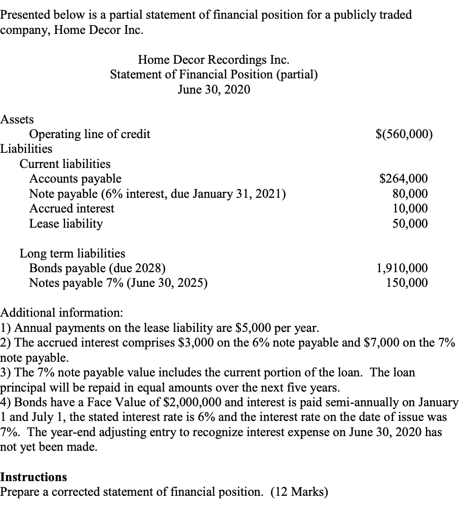 Solved Presented below is a partial statement of financial | Chegg.com