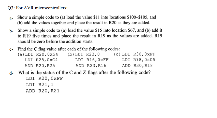 Solved a- Q3: For AVR microcontrollers: Show a simple code | Chegg.com