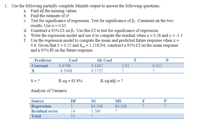 Solved 1. Use the following partially complete Minitab | Chegg.com