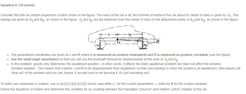 Solved Question 6: (10 points) Consider the half-car simple | Chegg.com
