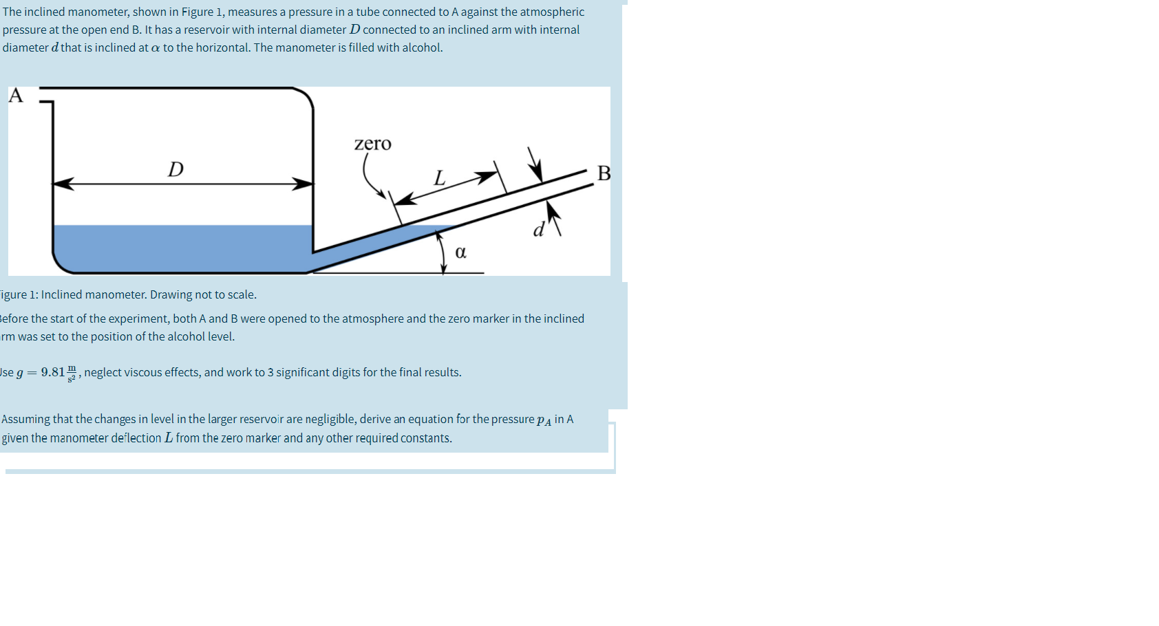 Solved The inclined manometer, shown in Figure 1, measures a | Chegg.com
