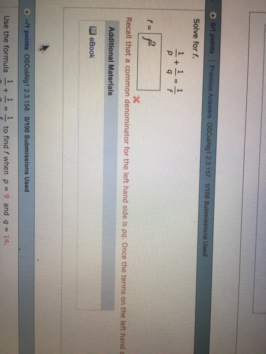 Solved Solve for f. 1/p + 1/q = 1/f f = | Chegg.com