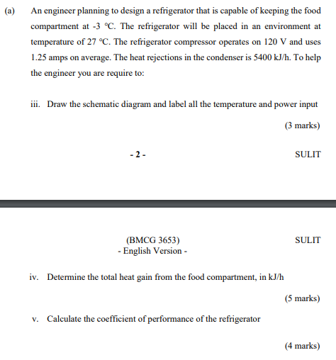 Solved An engineer planning to design a refrigerator that is | Chegg.com