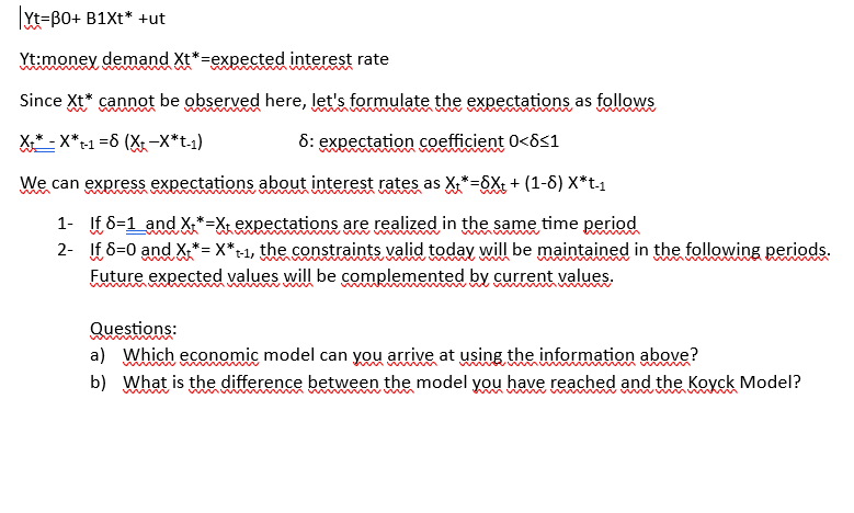 Solved |Yt=β0+B1xt**+utYt:monex demand xt**= ﻿expected | Chegg.com