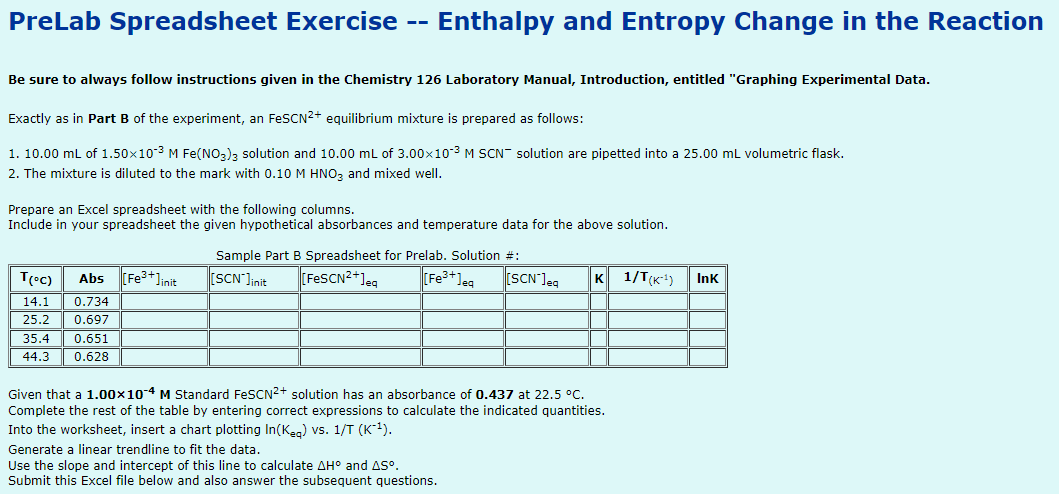 PreLab Spreadsheet Exercise -- Enthalpy and Entropy | Chegg.com